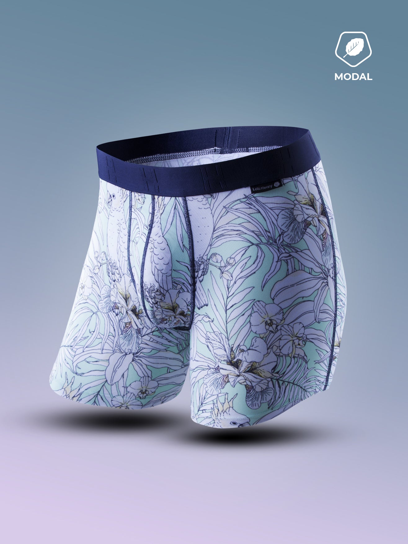 BOXER HOMME MODAL BLANC BLEU MARINE ANIMAL PARROT