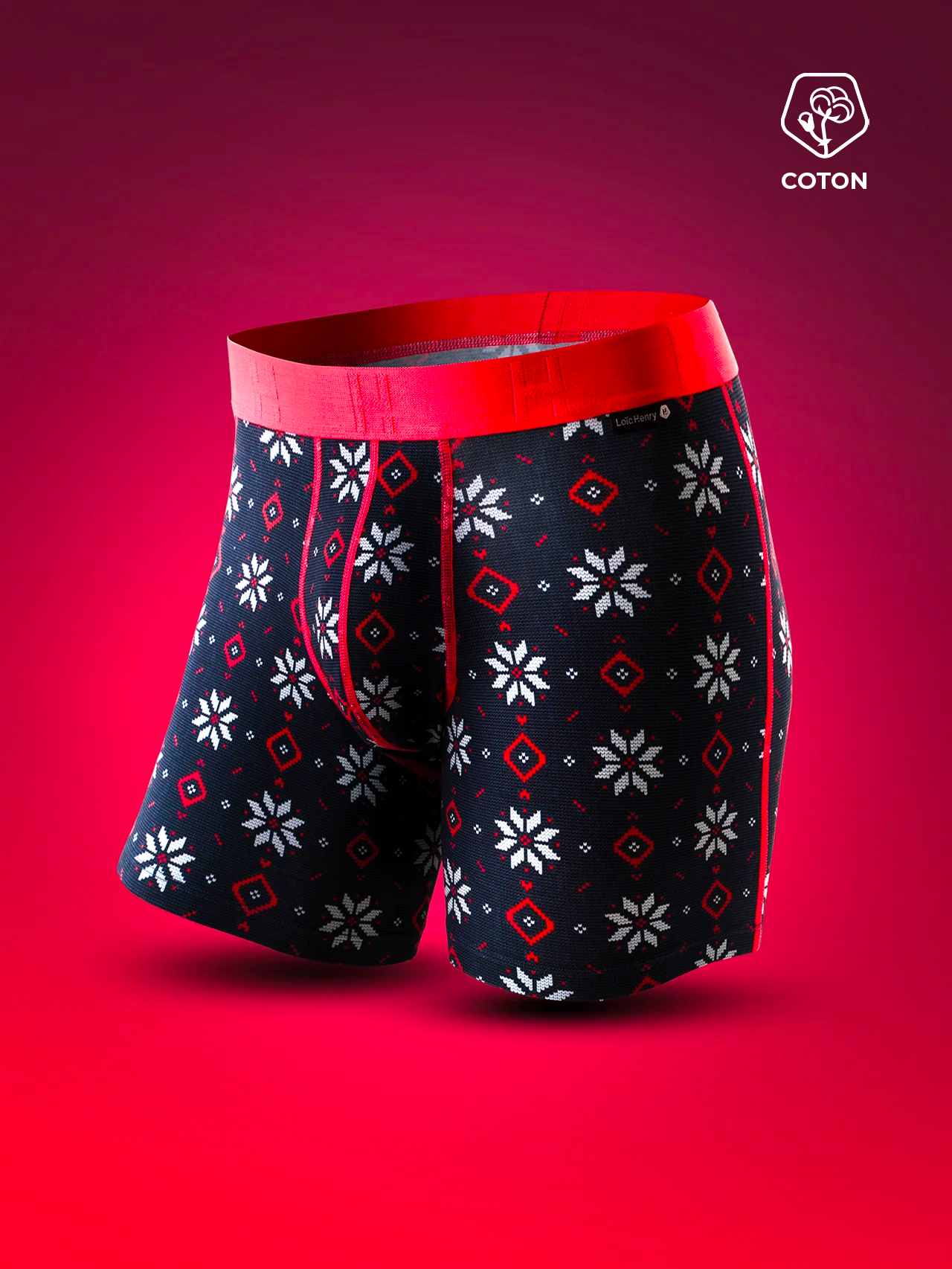 BOXER HOMME COTON MARINE ROUGE SNOWFLAKES